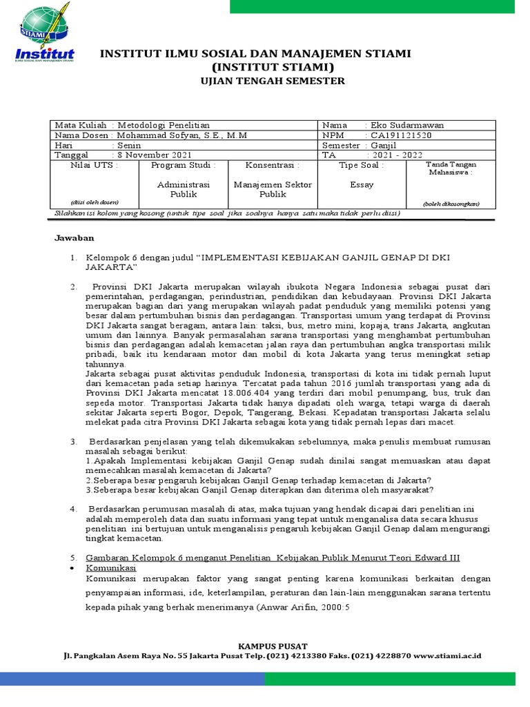Jawab UTS Met - Penelitian Eko | PDF | Karier & Perkembangan | Ilmu Sosial