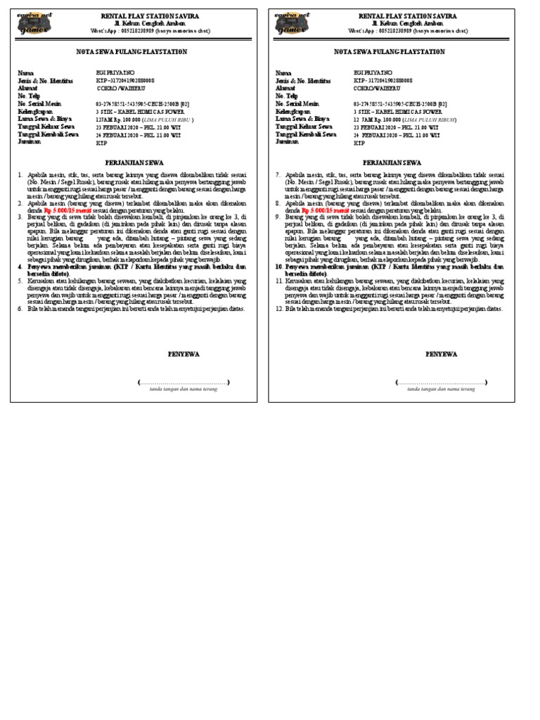 Nota Sewa Pulang PS3 | PDF