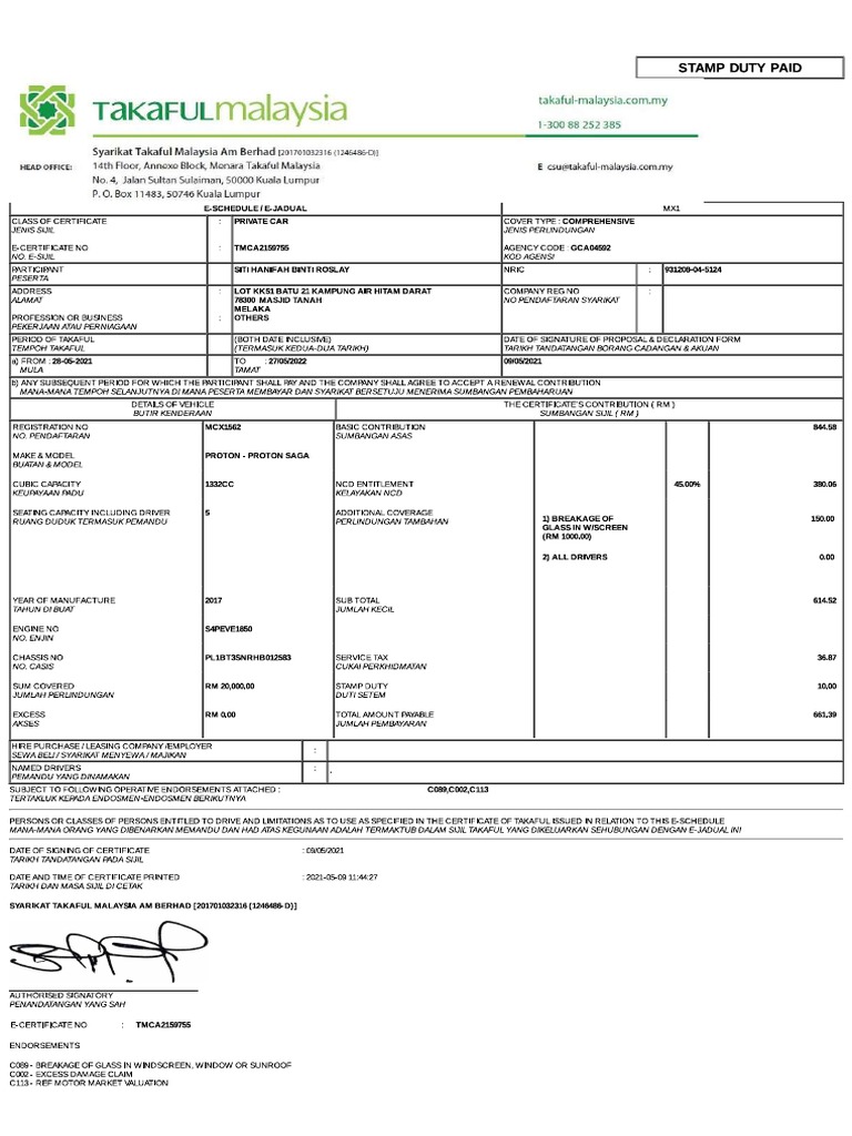 Cover Note Roadtax Saga | PDF