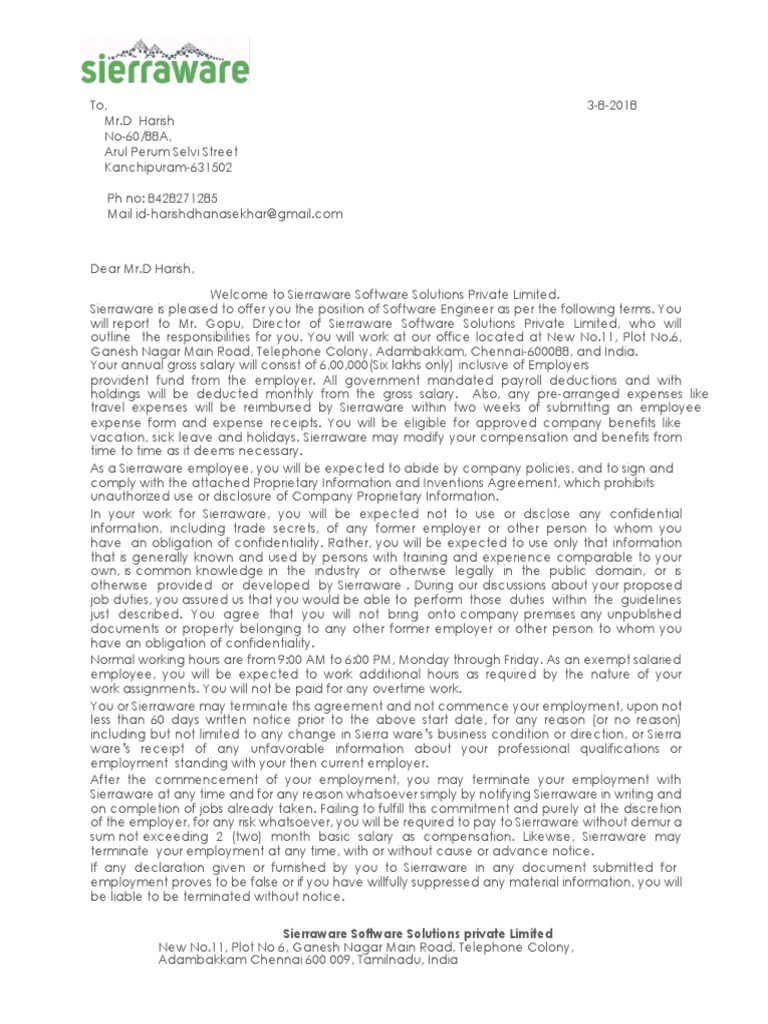 Offer Letter Harish | PDF | Employment | Overtime