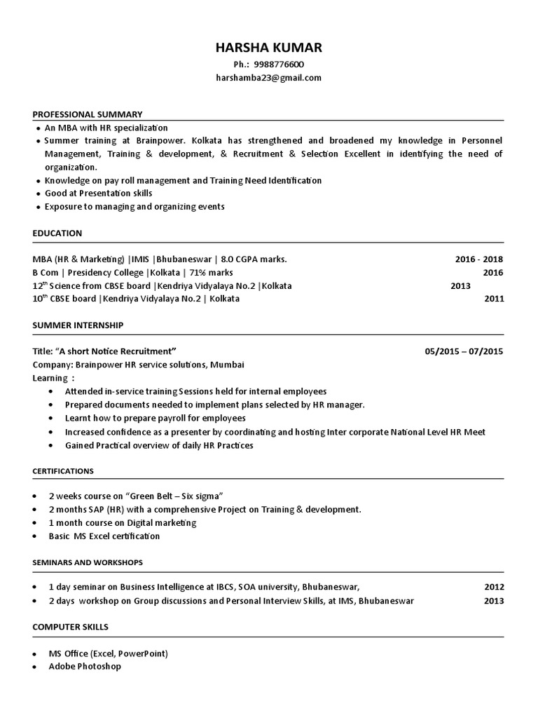 Resume Sample-Fresher MBA | PDF