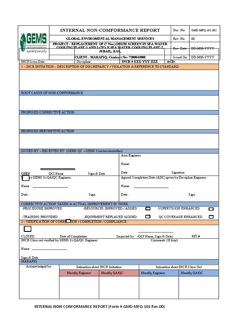 Internal Non-Conformance Report (Form # Gmd-Mfq-101 Rev.00) | PDF
