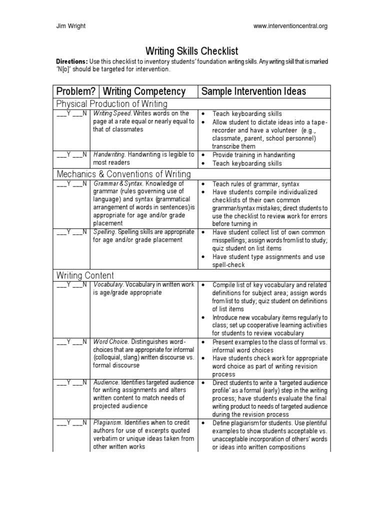 Wright Writing Skills Checklist | PDF | Homework | Rubric (Academic)
