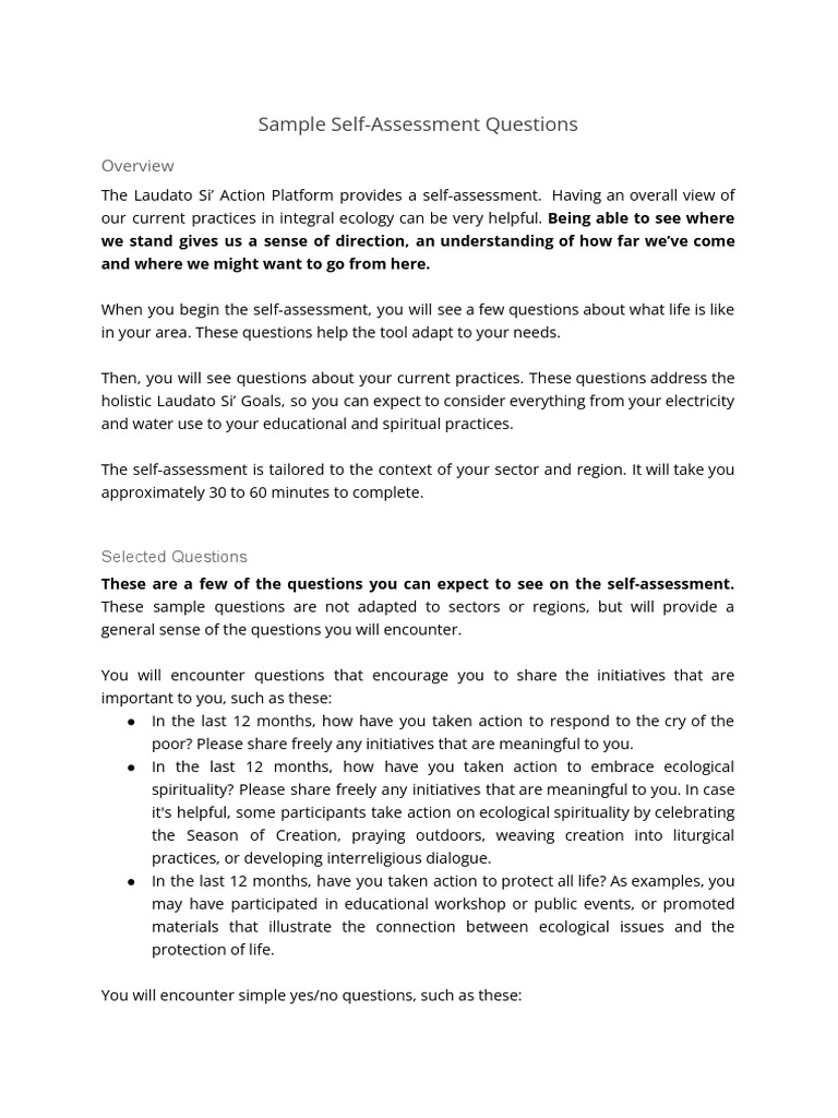 Sample Self-Assessment Questions | PDF
