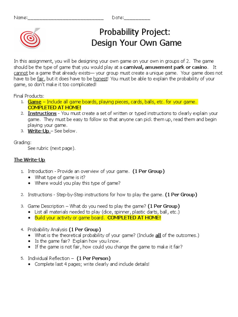 Probability Project: Design Your Own Game | PDF | Probability | Thought