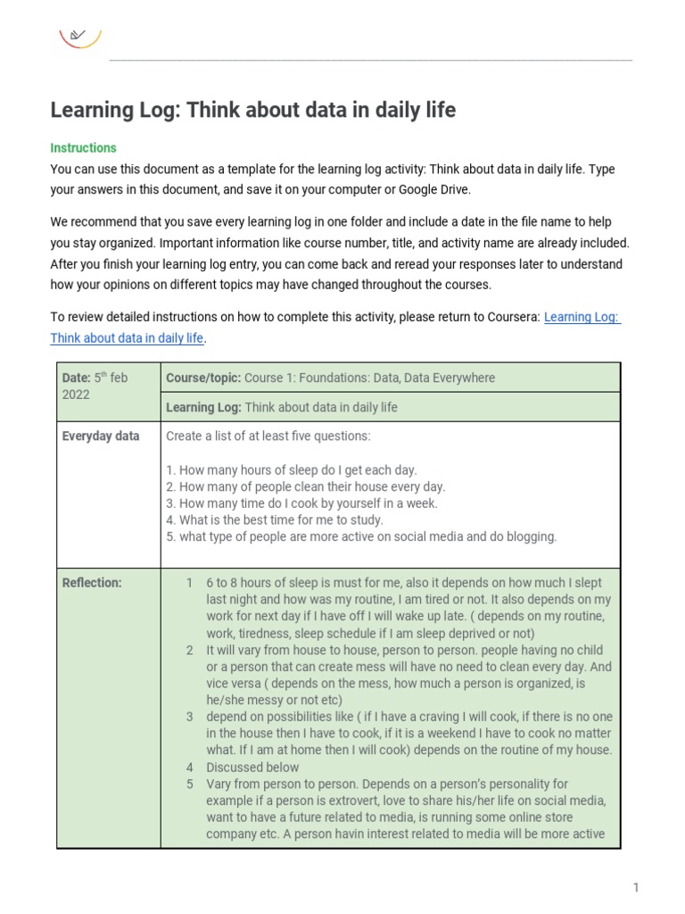 Learning Log: Think About Data in Daily Life: Instructions | PDF | Sleep | Social Media