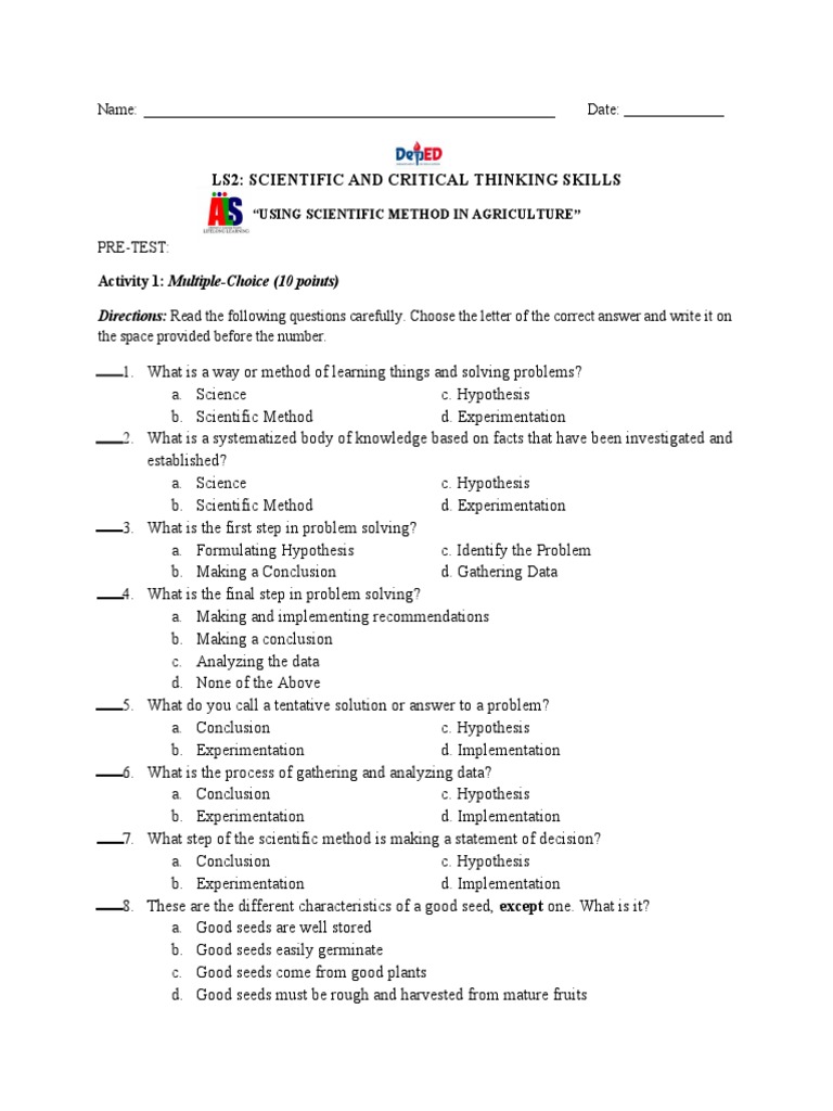 Using Scientific Method in Agriculture - Pretest - Posttest | PDF ...