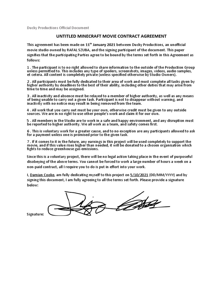 Untitled Minecraft Movie Contract Agreement: Ducky Productions Official ...