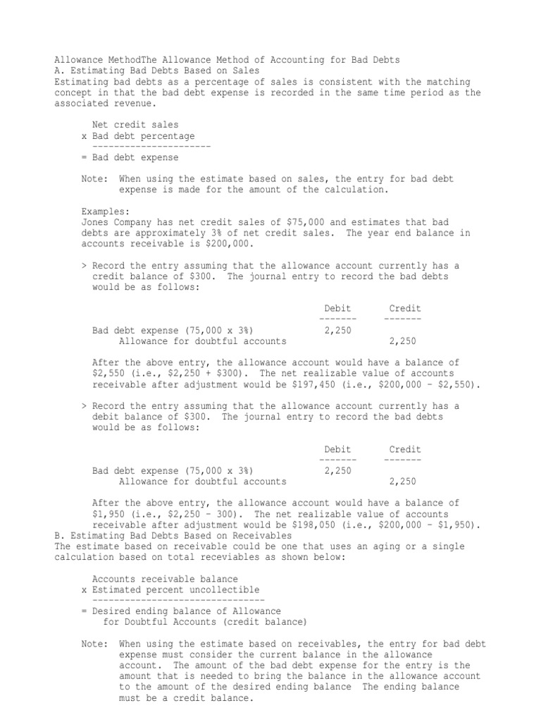 The Allowance Method Of Accounting For Bad Debts Estimating Bad Debts