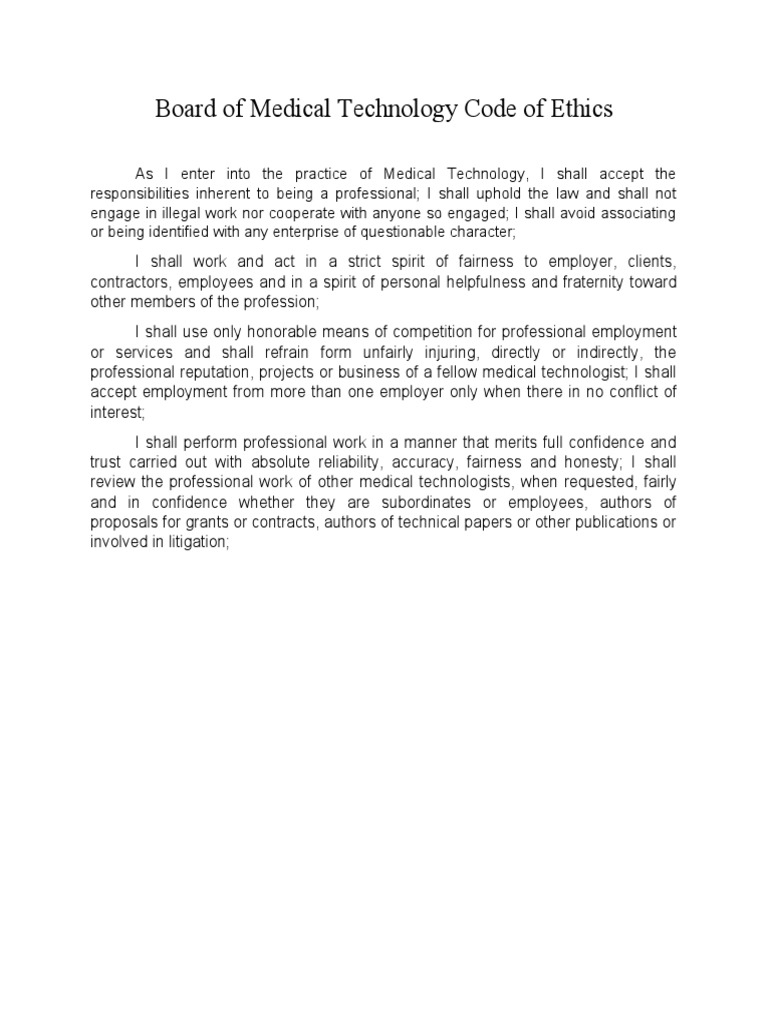 Board of Medical Technology Code of Ethics | PDF | Career & Growth