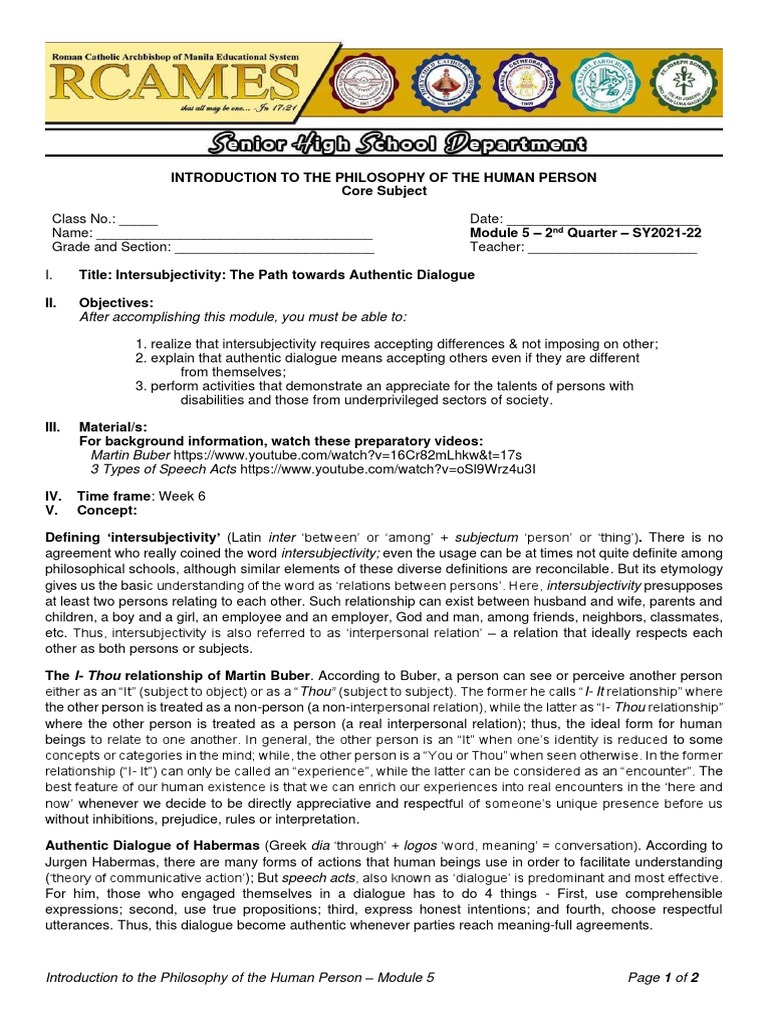 IPHP 21-22 Module 5 Intersubjectivity | PDF | Dialogue | Martin Buber