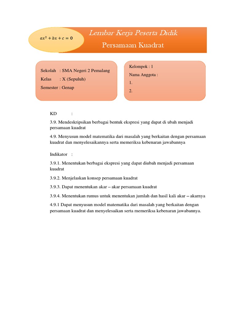 LKPD Persamaan Kuadrat | PDF