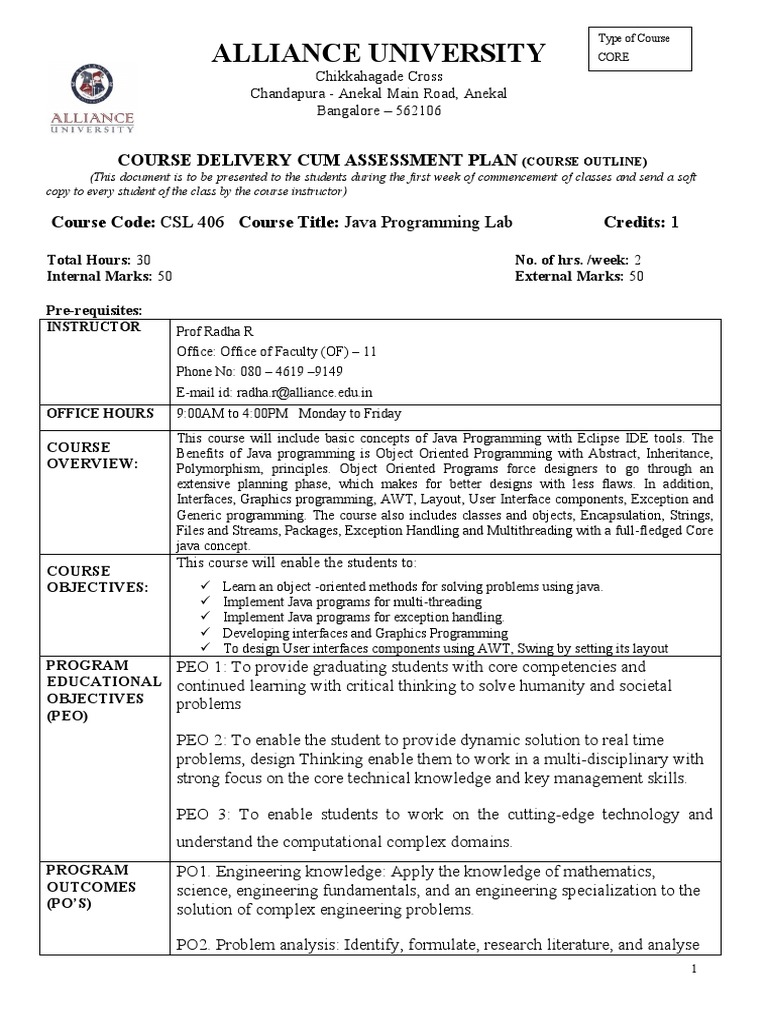 Alliance University: CSL 406 Course Title: Java Programming Lab | PDF | Engineering | Java ...