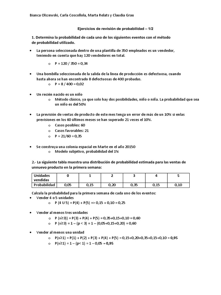 Ejercicios de Probabilidad 1 | Descargar gratis PDF | Probabilidad ...