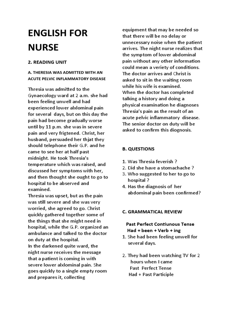 English For Nurse 2. Reading Unit | PDF | Pain | Clinical Medicine