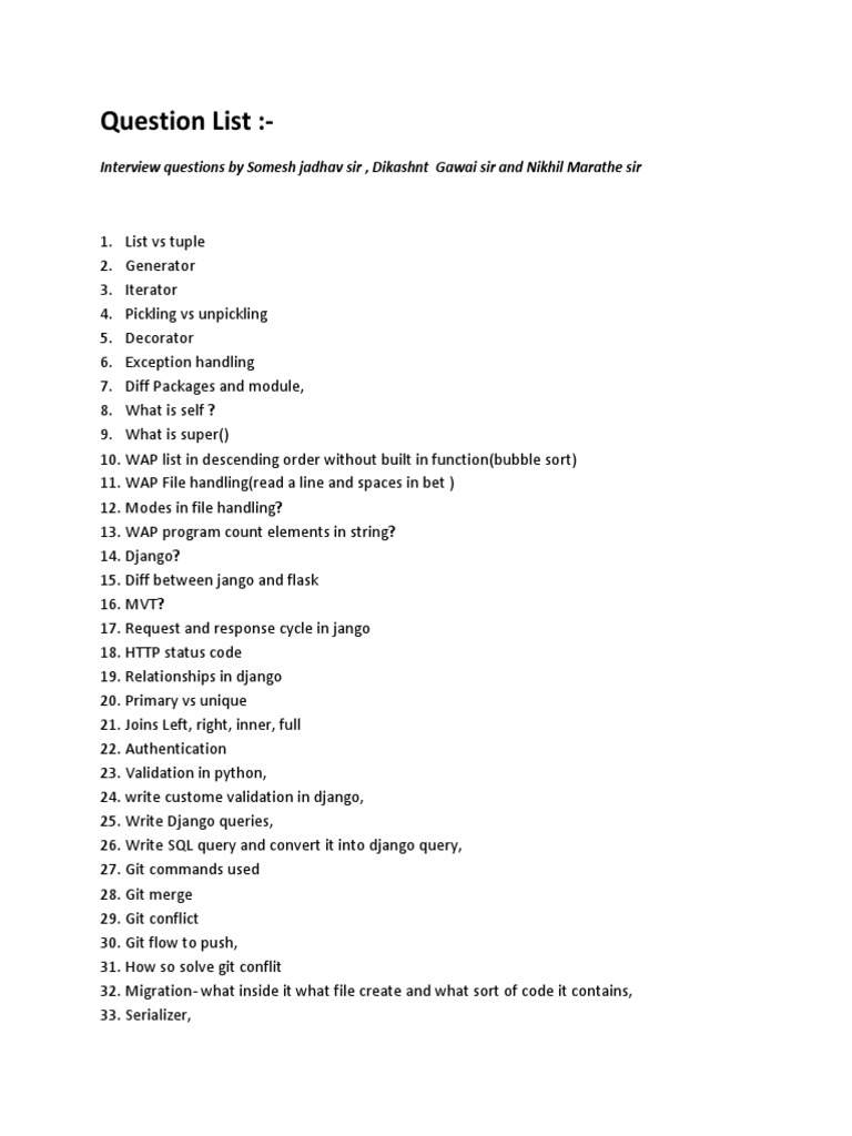 Question List Interview Questions By Somesh Jadhav Sir Dikashnt Gawai Sir And Nikhil Marathe 