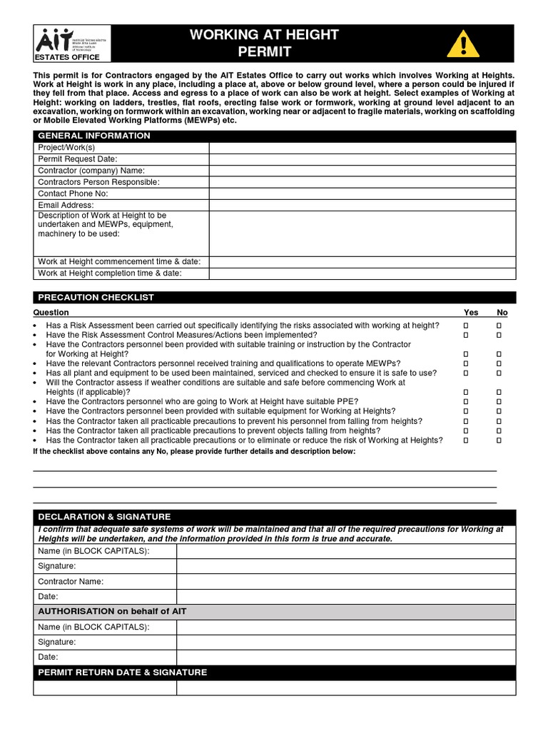 Working at Height Permit Template | PDF | Computers | Technology ...