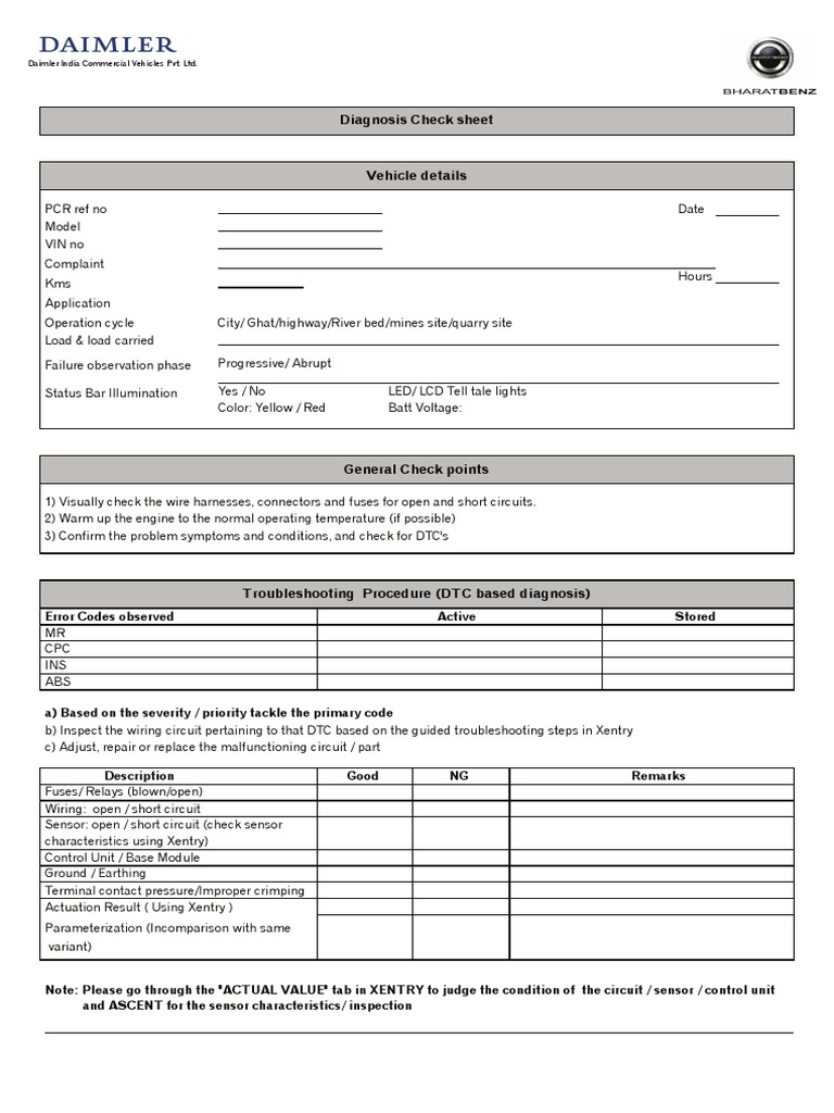 Diagnosis Check Sheet: Daimler India Commercial Vehicles Pvt. LTD | PDF ...