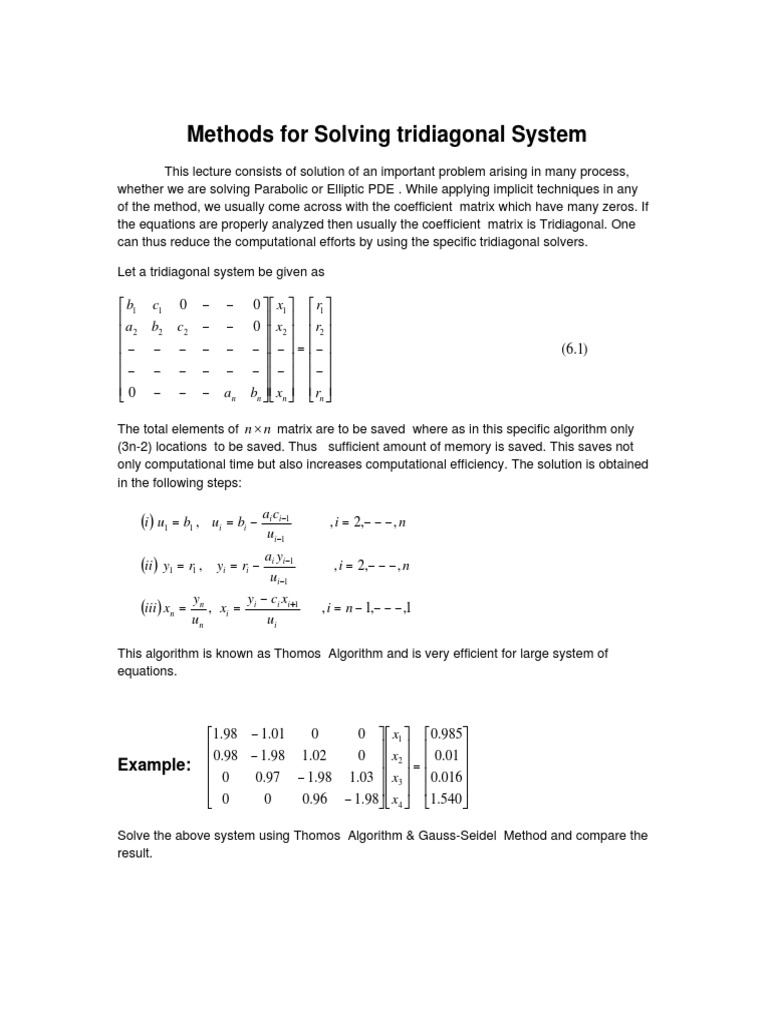 An Efficient Solution Applying The Thomas Algorithm To Solve Tridiagonal Systems Pdf 