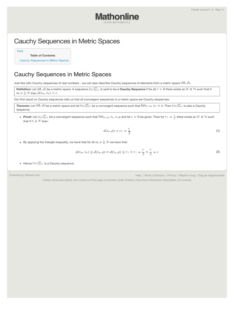 Mathonline Cauchy Sequences In Metric Spaces Pdf Sequence Metric Space