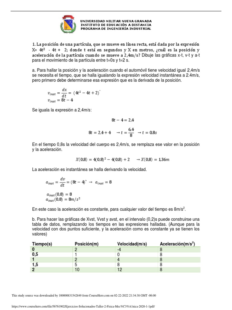 Ejercicios Solucionados Taller 2 Fisica Mec Nica 2020 1 1 PDF | PDF | Aceleración | Velocidad