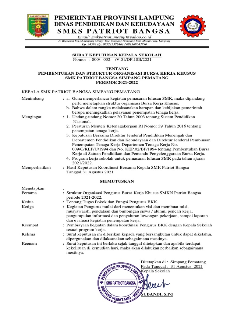 Struktur Organisasi BKK SMK Patriot 2021-2022 | PDF