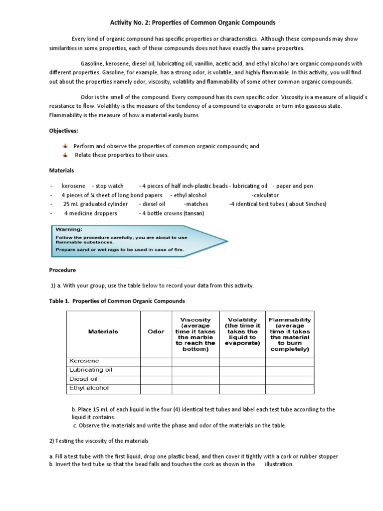 Organic Compounds Lab Guide | PDF | Liquids | Oil