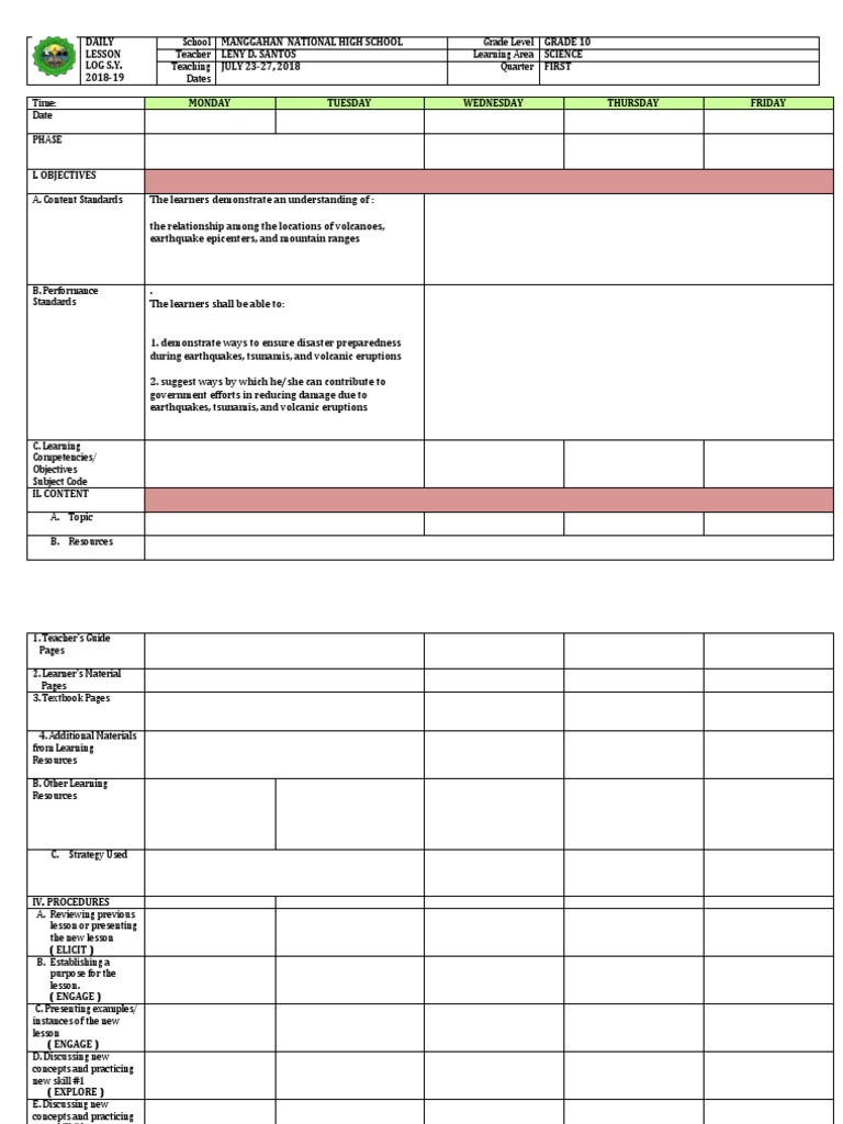 DLL Science 10 2018-2019 | PDF | Learning | Teachers
