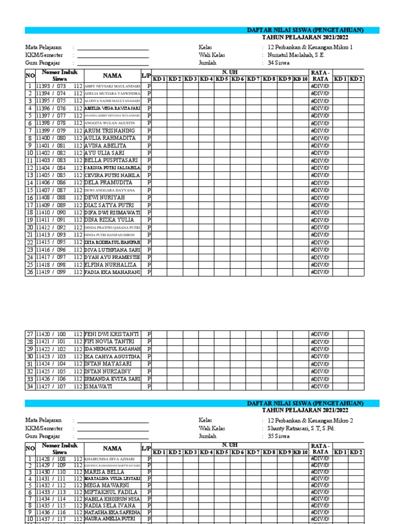 Daftar Nilai Siswa 2021-2022 Fix | PDF