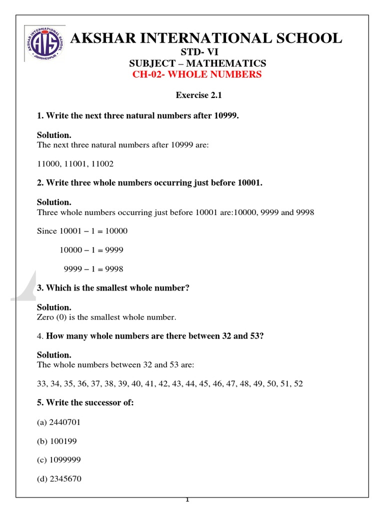 Class 6 Maths: Whole Numbers Worksheet | PDF | Natural Number | Numbers