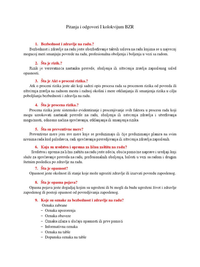 Pitanja I Odgovori BZR | PDF
