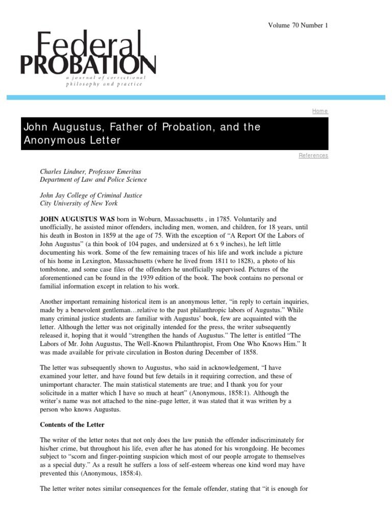 John Augustus, Father of Probation, and The Anonymous Letter | PDF ...