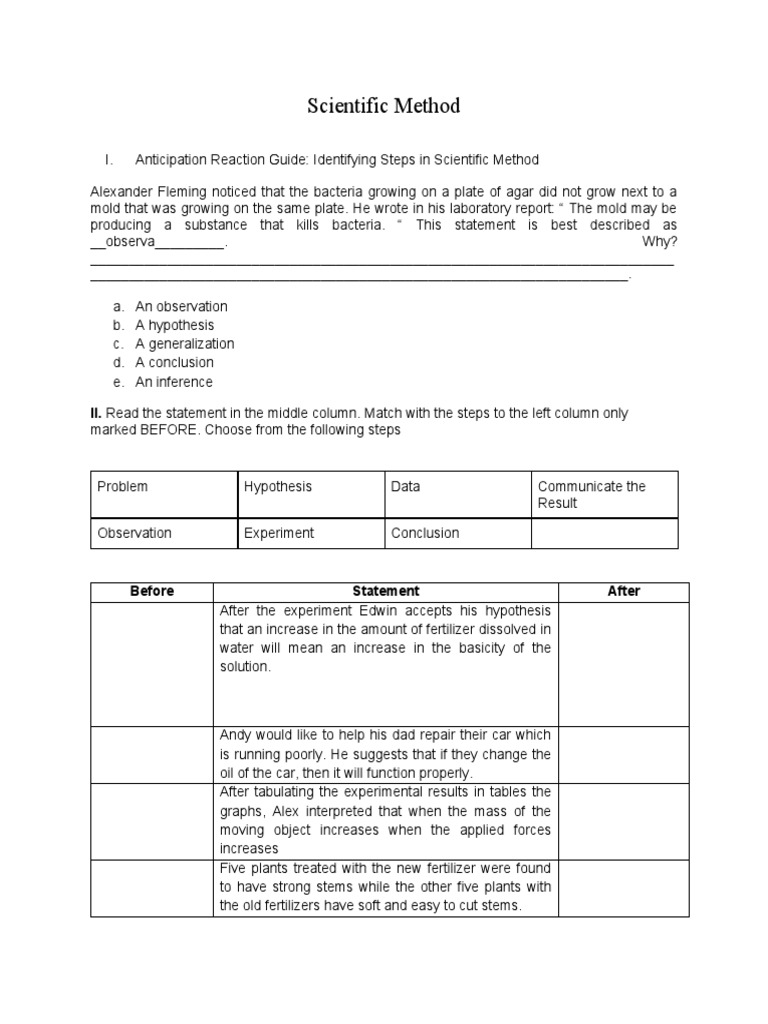 Scientific Method: II. Read The Statement in The Middle Column. Match ...