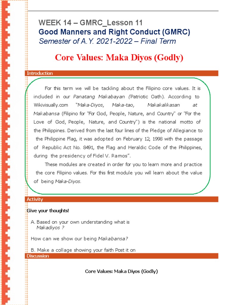GMRC Lesson 11 Core Values Maka Diyos Godly | PDF | Social Science