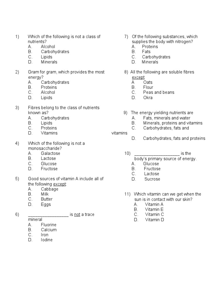 Nutrition MCQs for Grade 3 Students | PDF | Carbohydrates | Foods