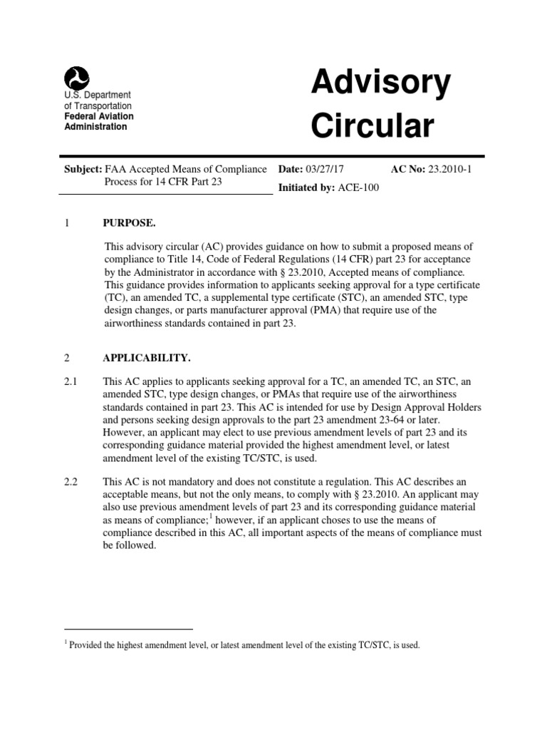 AC - 23 - 2010-1 - FAA Accepted Means of Compliance Process For New ...
