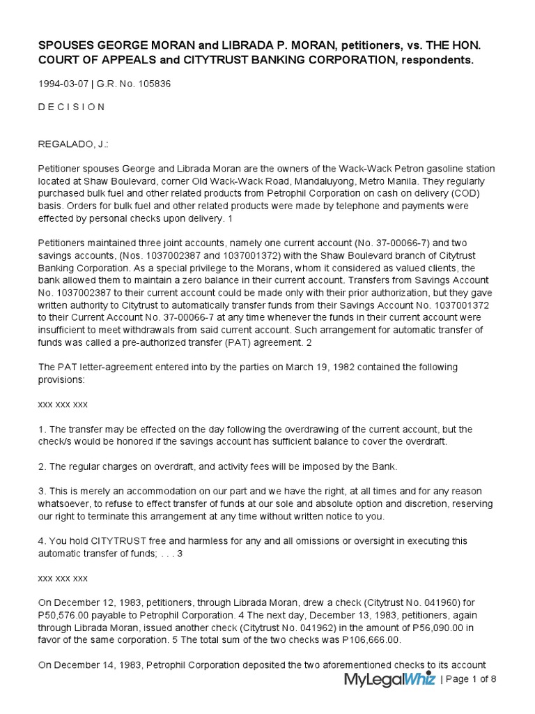 Moran vs. Citytrust: Check Dishonor Case | PDF | Cheque | Transaction ...