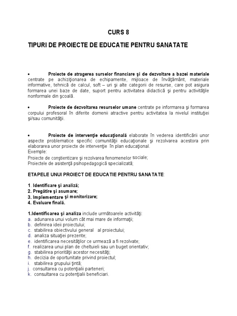 Curs 8 Tipuri de Proiecte de Educatie Pentru Sanatate: A. B. C. D. E. F ...