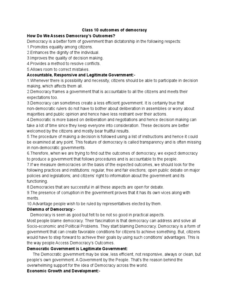 Class 10 Outcomes of Democracy | PDF | Democracy | Political Ideologies