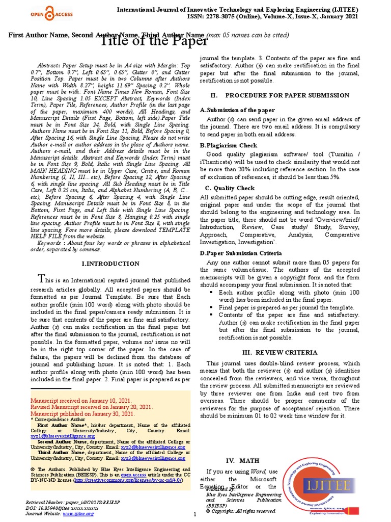 Title of The Paper: First Author Name, Second Author Name, Third Author ...