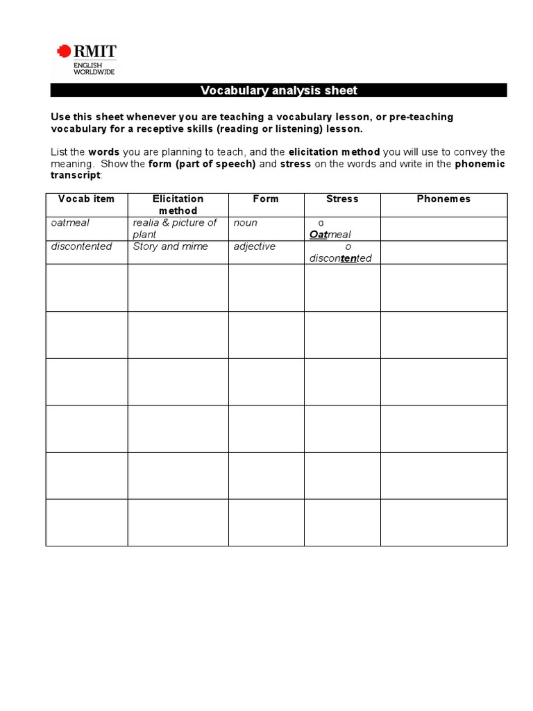 Vocabulary Analysis Sheet | PDF | Career & Growth | Language Arts ...