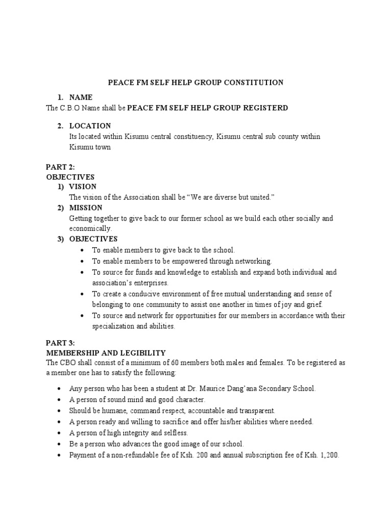 Peace FM Self Help Group Constitution | PDF | Committee | Secretary