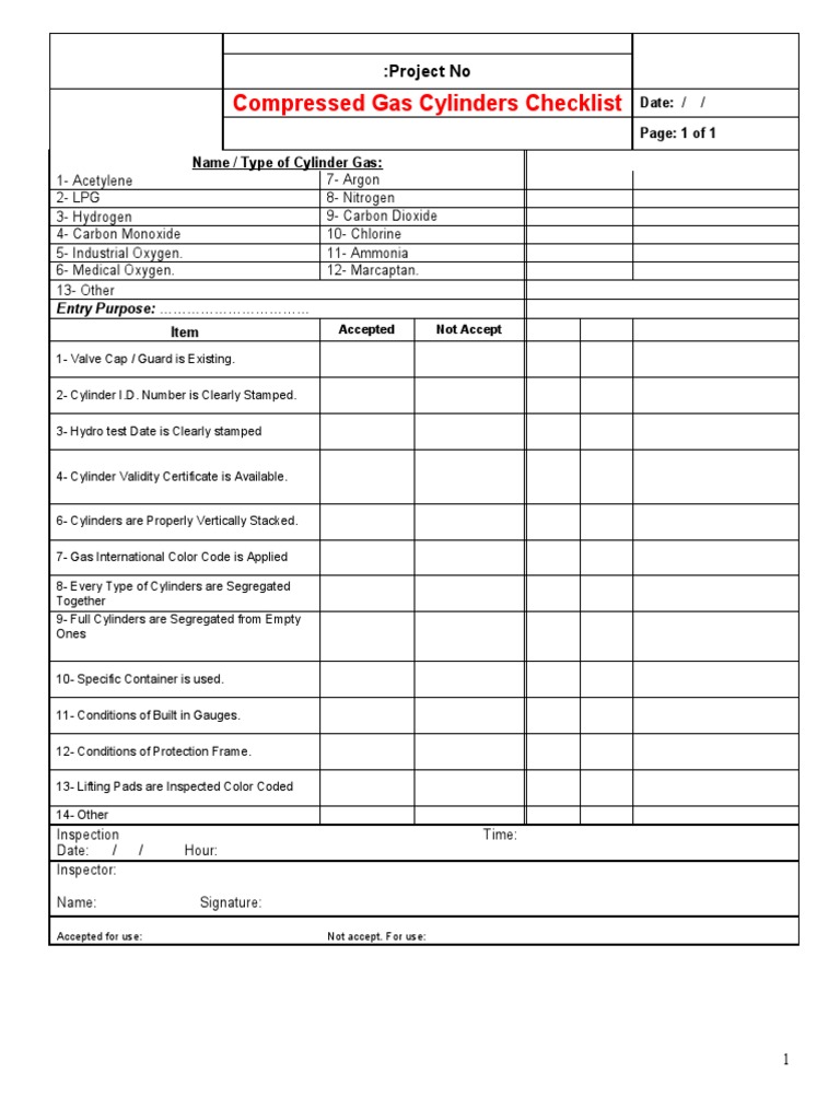 Compressed Gas Cylinders Checklist: Project No | PDF | Physical ...