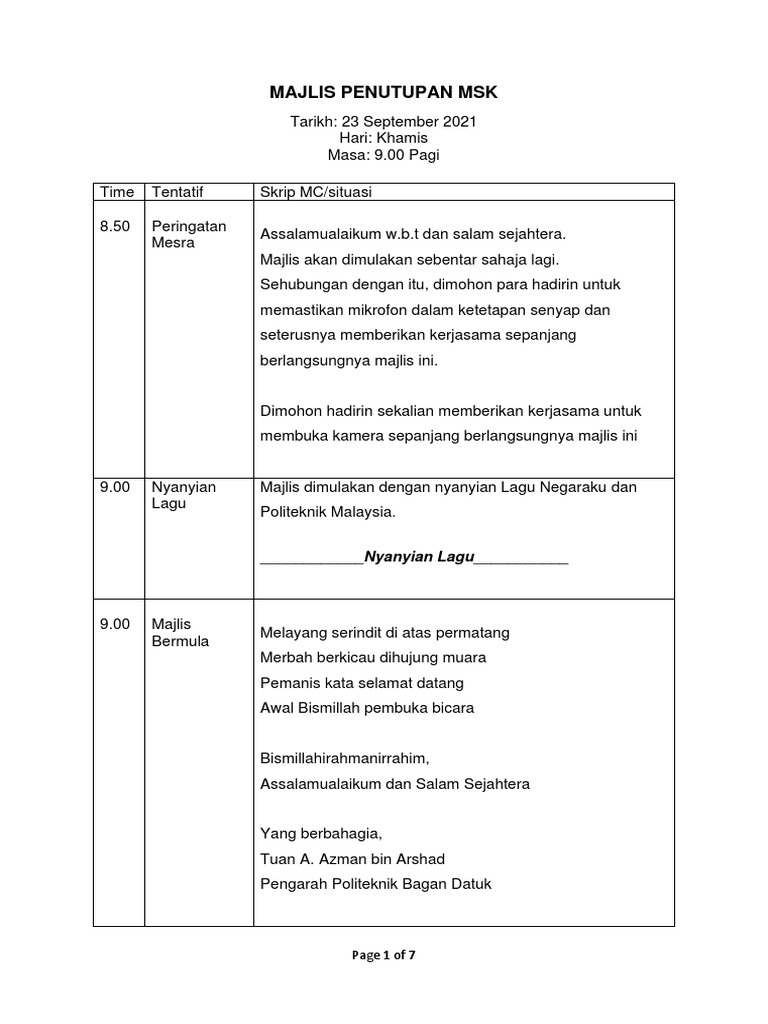 Skrip MC Closing MSK | PDF