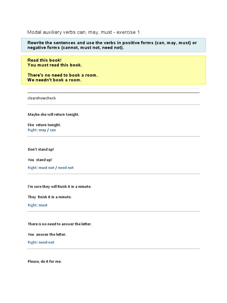 Modal Auxiliary Verbs Can, May, Must - Exercise 1: Maybe She Will Return Tonight. She Return ...