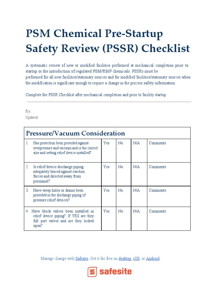 PSM Chemical Pre-Startup Safety Review (PSSR) Checklist: Pressure ...