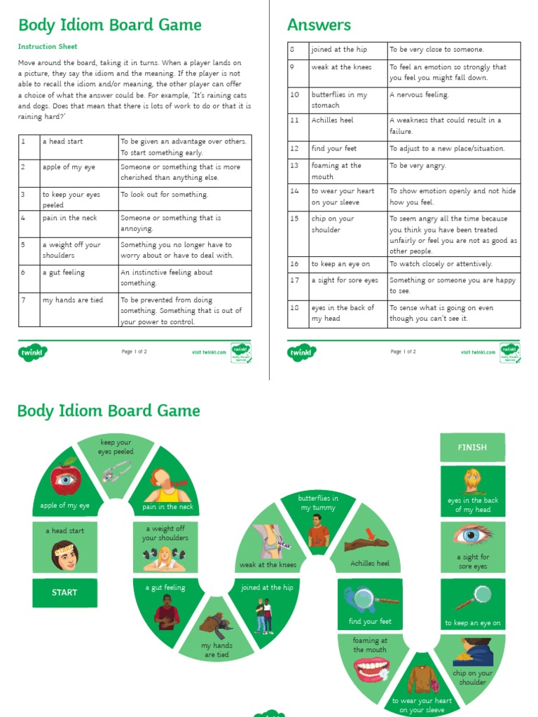 Body Idiom Board Game Answers: Instruction Sheet | PDF | Feeling ...