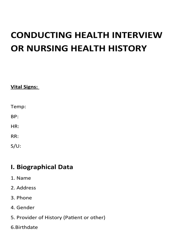 Conducting Health Interview or Nursing Health History: I. Biographical ...