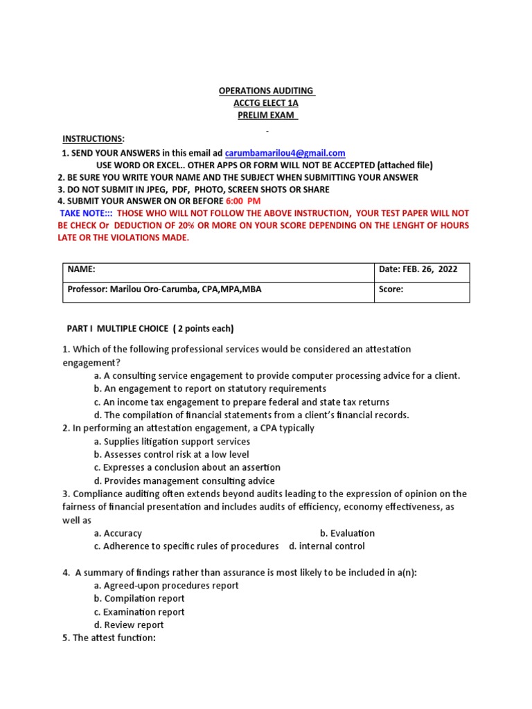 Prelim Operation Auditing | PDF | Audit | Internal Control