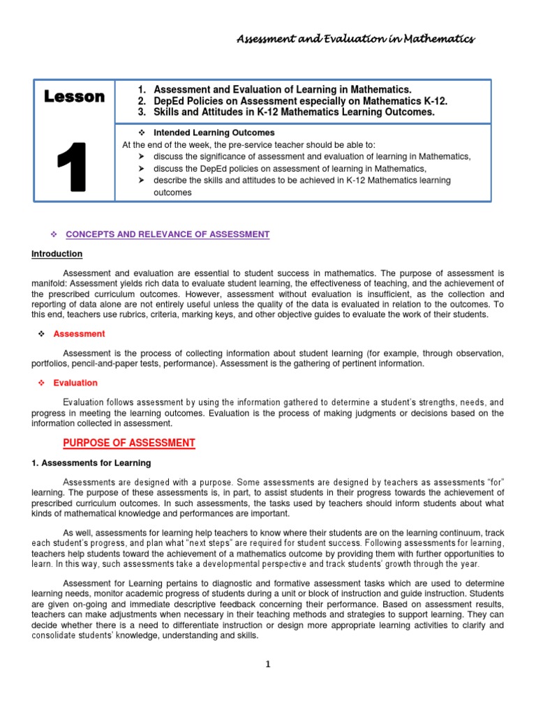 Assessment and Evaluation in Mathematics Prelim | PDF | Educational ...